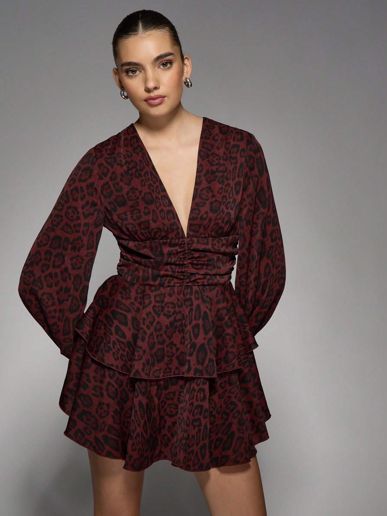 Leopard Print Ruched Mini Cocktail Dress Long Sleeve Plunging V-Neck ...