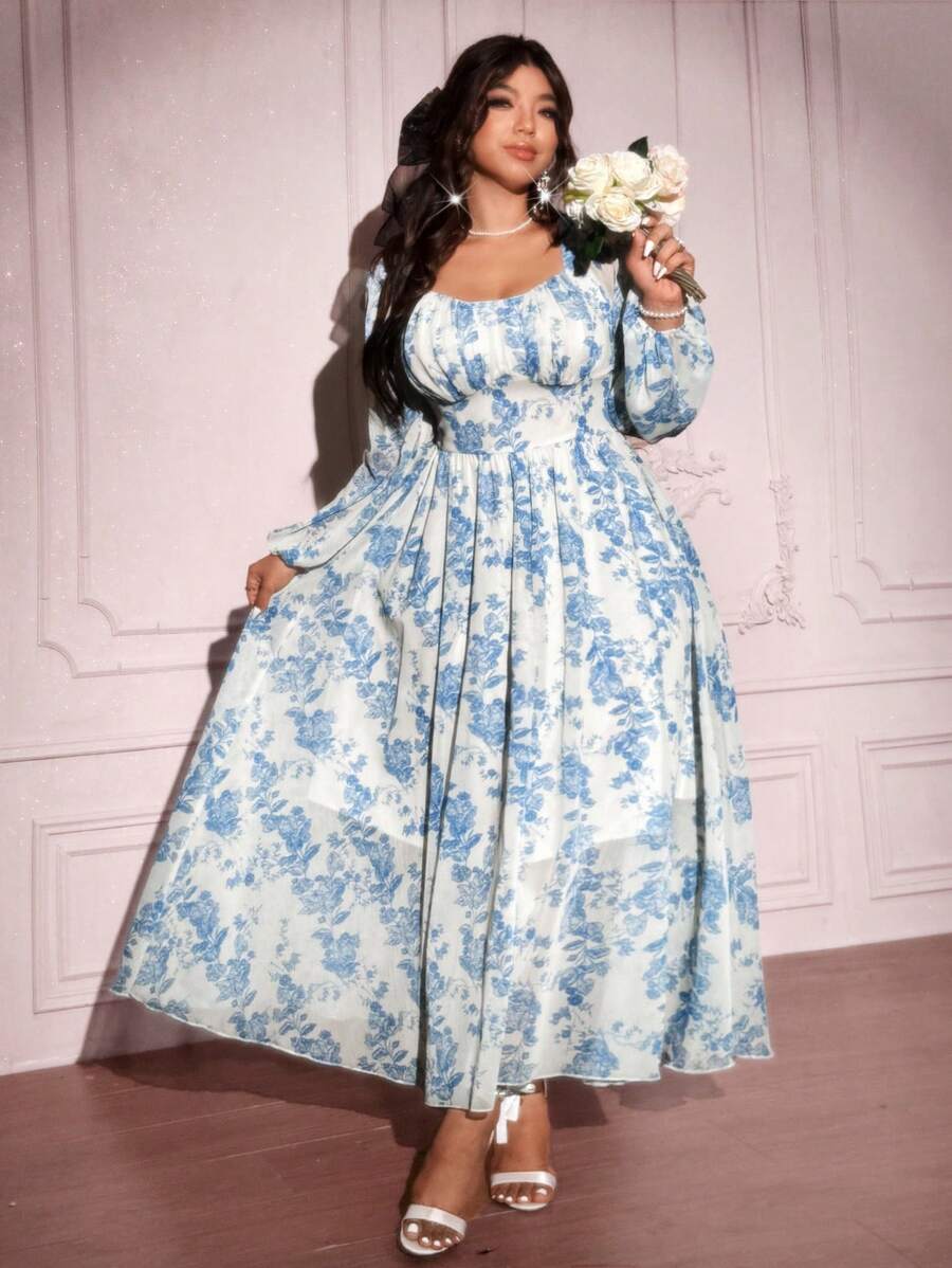 SHEIN Franclia Square Neck Puff Sleeve Romantic Floral Print Elegant ...