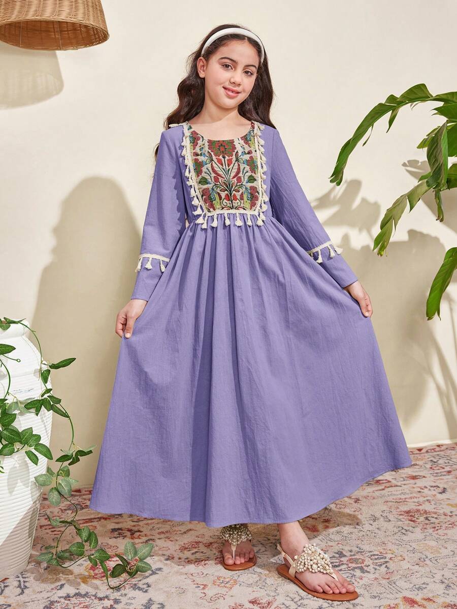 SHEIN Tween Girls' Elegant Ruffled Round Neck Puff Sleeve Asymmetrical ...