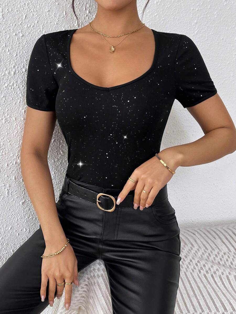 SHEIN Clasi Women's Elegant Short Sleeve T-Shirt With Rhinestone V-Neck ...