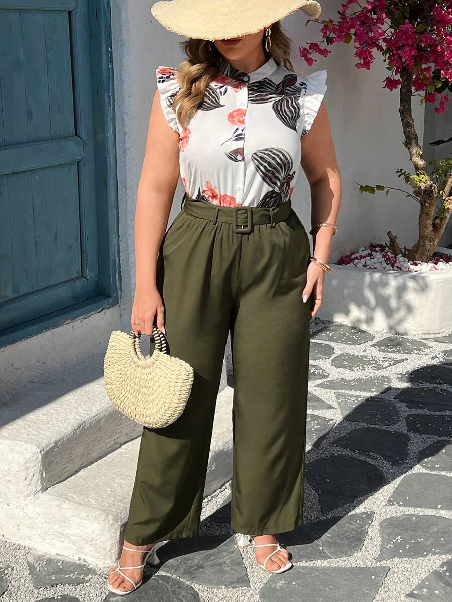 SHEIN Holidaya Plus Size Women 2 Pieces Outfit, Printed Blouse And ...