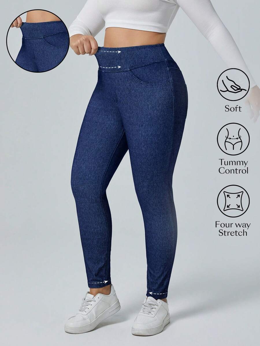 SHEIN EZwear Plus Size High Waist High Stretch Simple Pocket Figure ...