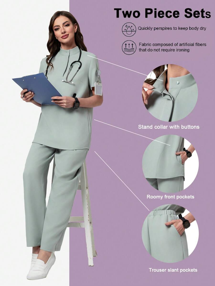 Scrubzie 2pcs Anti-Wrinkle Stand Collar Women Scrub Uniform Set, Top ...