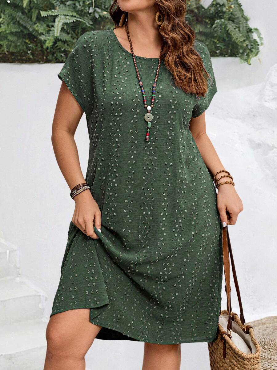 EMERY ROSE Plus Size Round Neck Short Sleeve Plain Jacquard Green Knee-Length Dress Summer ...