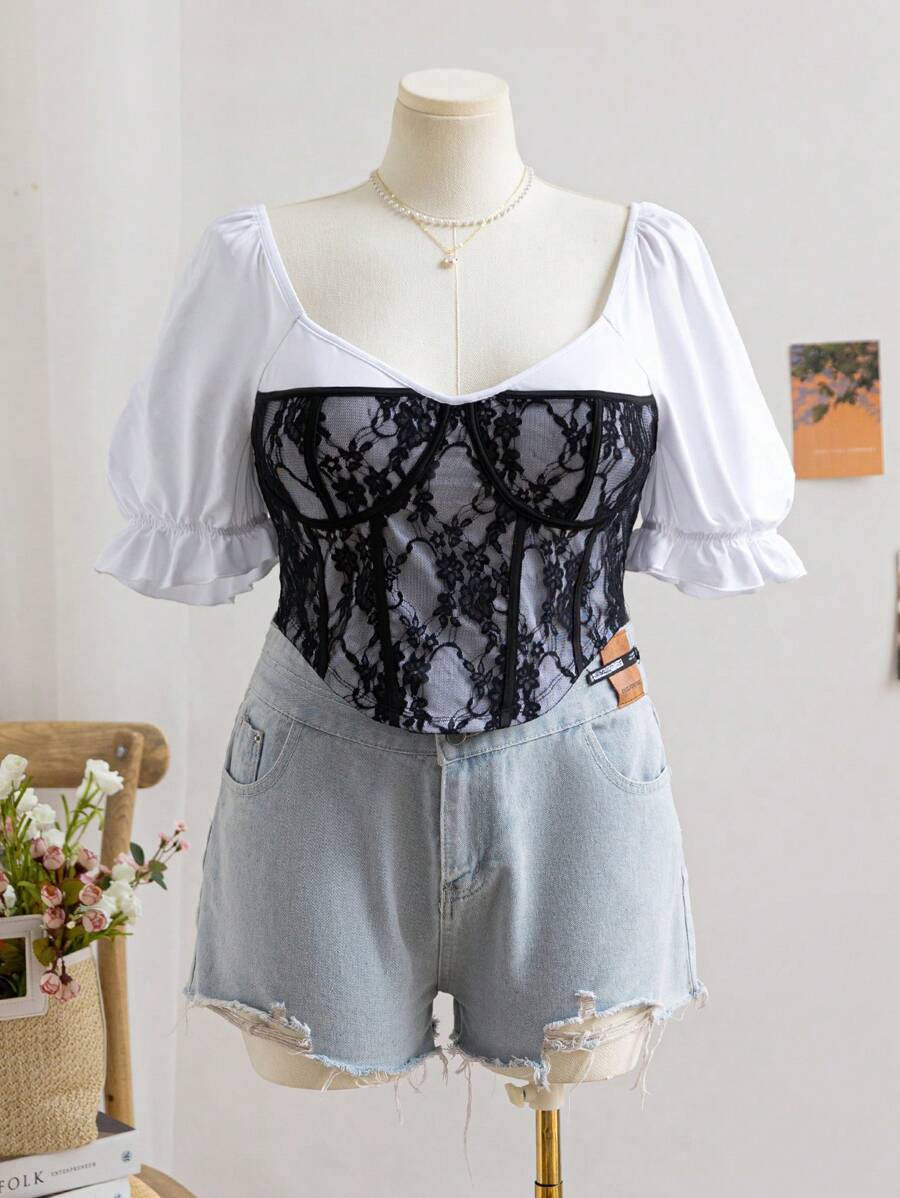 SHEIN WYWH Camicetta da donna taglie forti, nera, con dettagli in pizzo ...