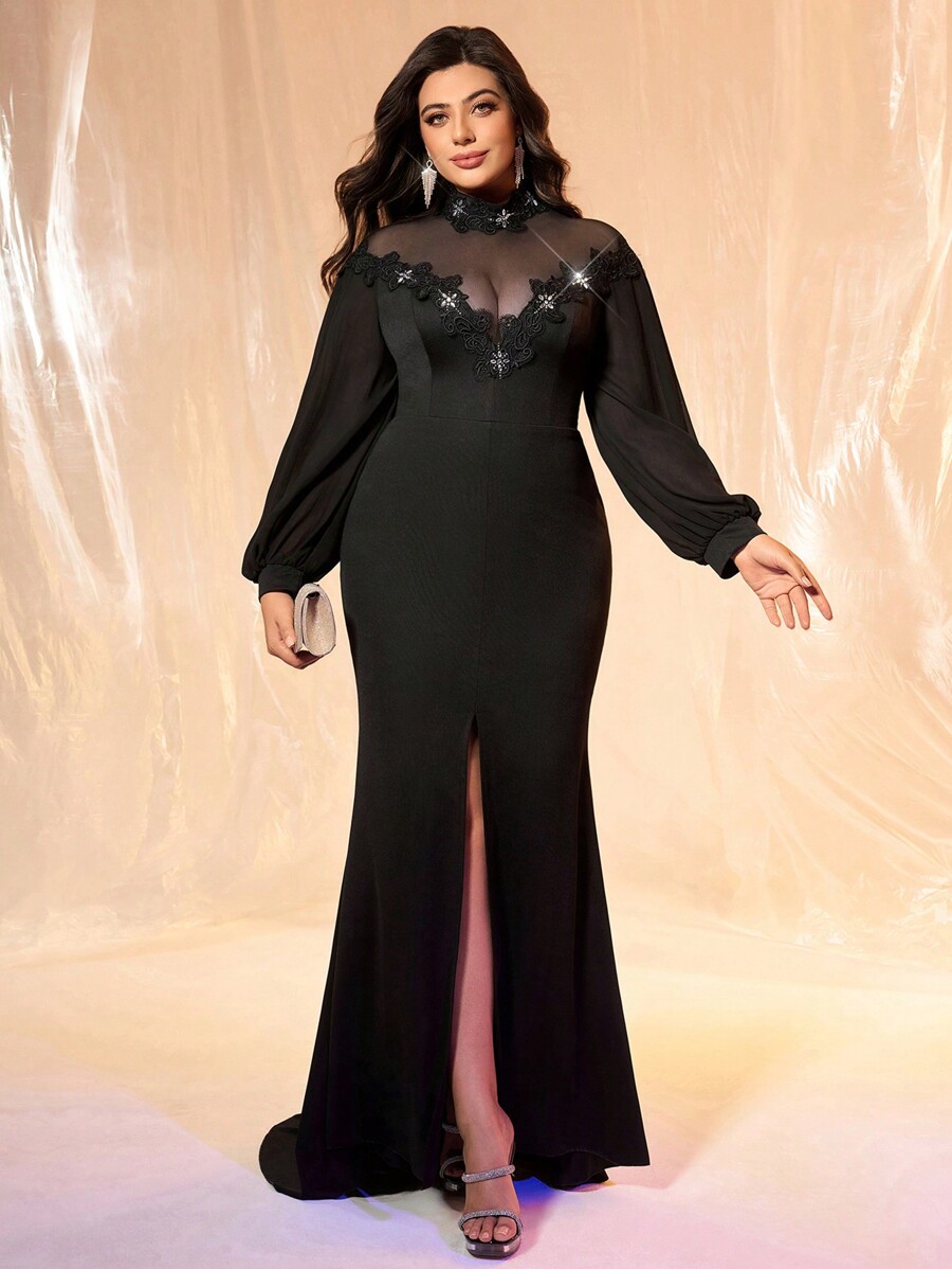 Coutiva Vestido Longo Preto de Gala Plus Size com Colarinho Bordado com ...