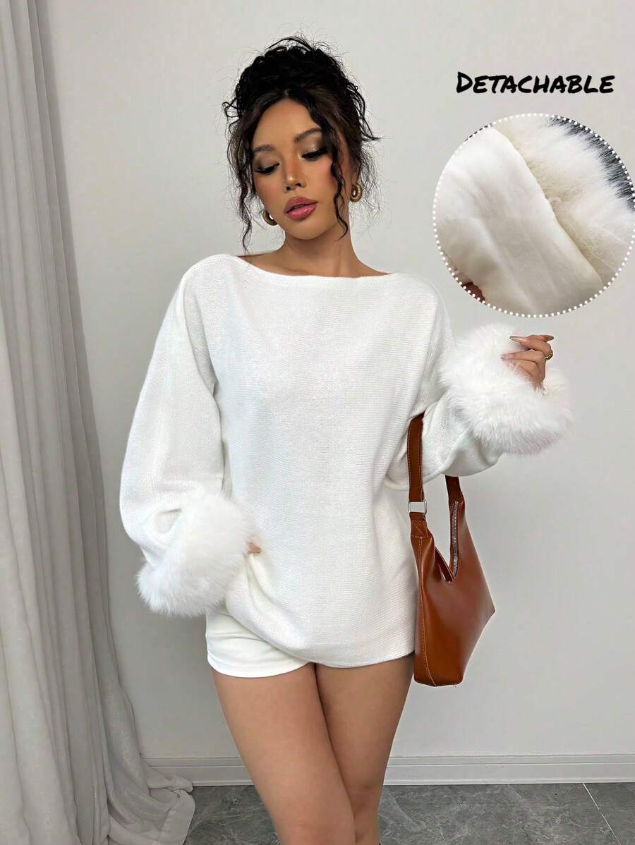 Chiquease Suéter holgado de manga de murciélago con puño de piel ...