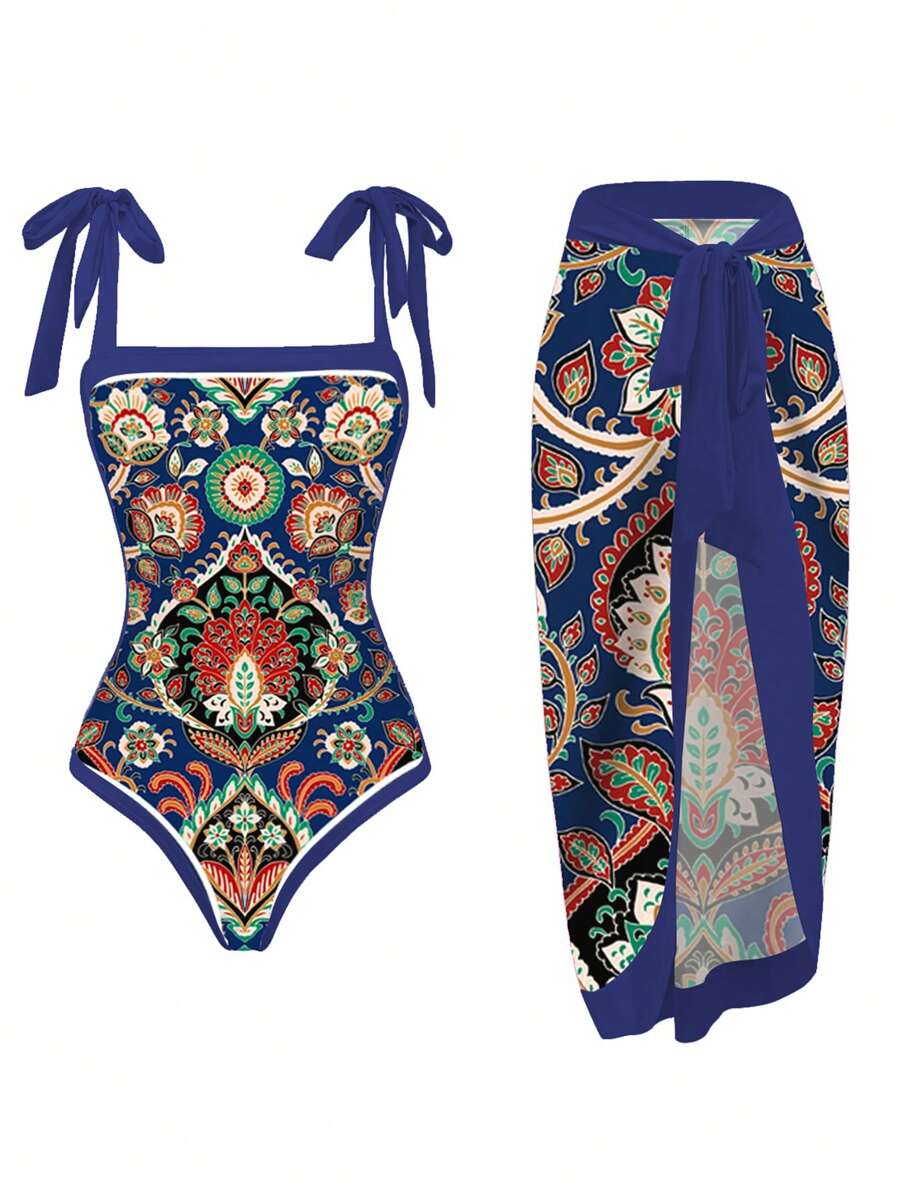 SHEIN Swim Oasis Maiô Vintage de uma Peça impresso para as Férias com ...