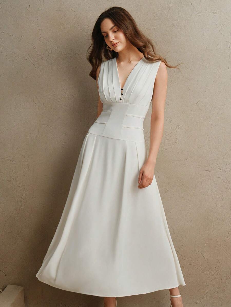 Anewsta Elegant White Woven Sleeveless V-Neck Cinched Waist Summer Dress For Women, Fashion ...