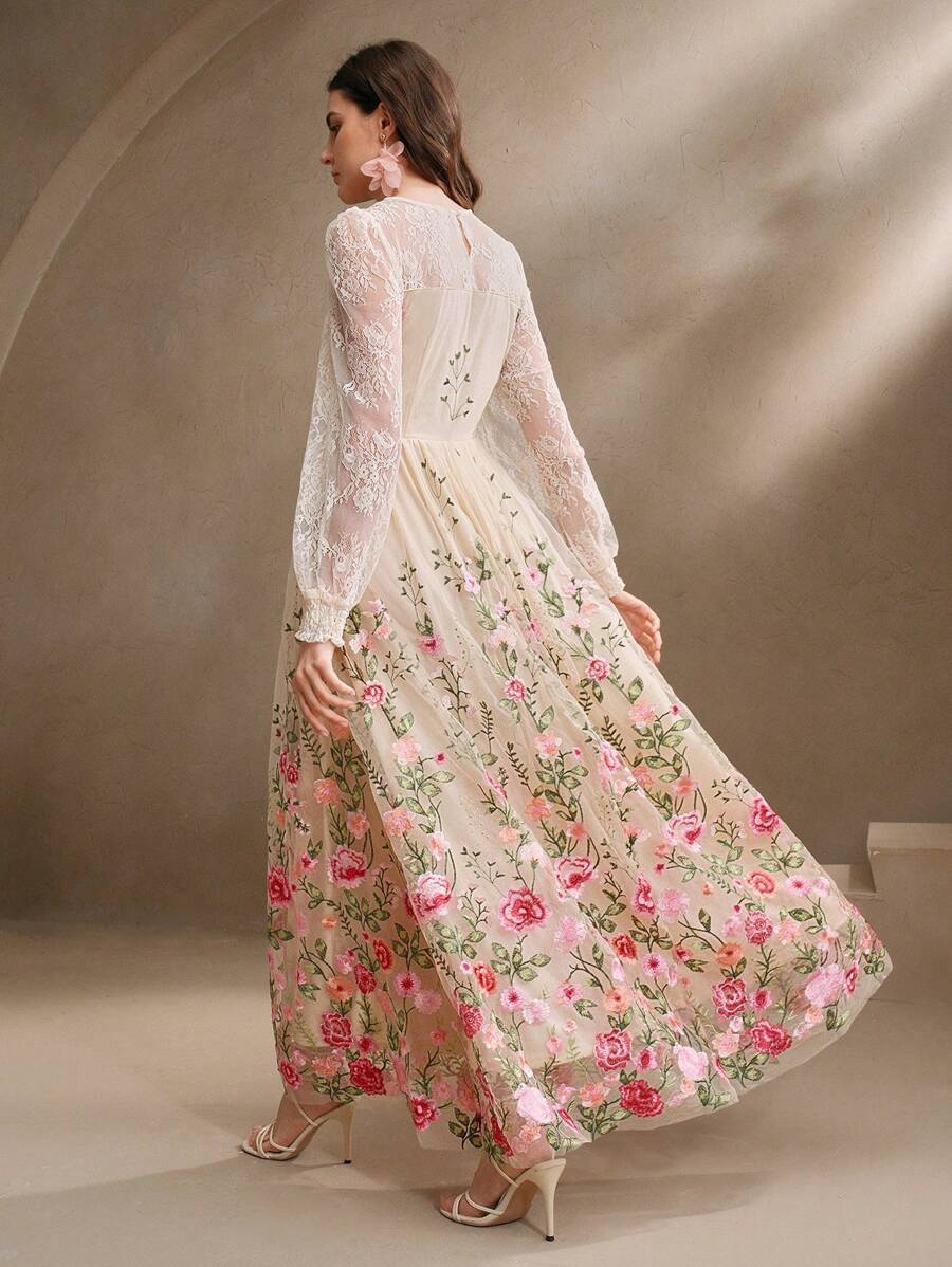 Anewsta Women's Elegant Holiday Mesh Lace Embroidered Floral Sheer Lantern Sleeve Dress, Autumn ...