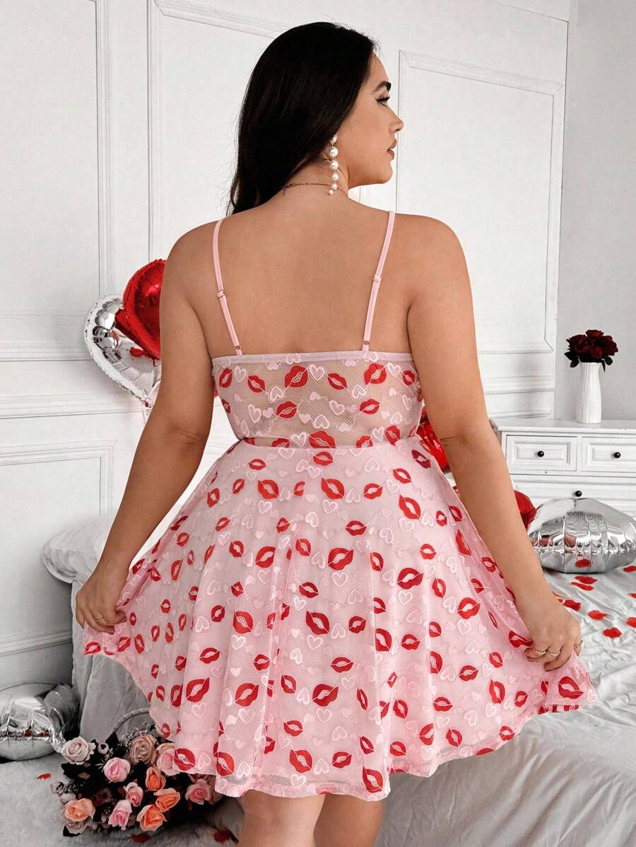 Shein Frenchy Plus Size Pink Heart Print Bead Chain Hollow A Line Sexy