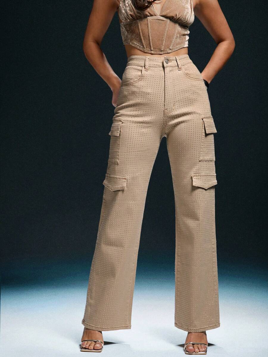 Denimoi Women's Spring/Summer Denim Rhinestone Flap Pocket Straight-Leg ...