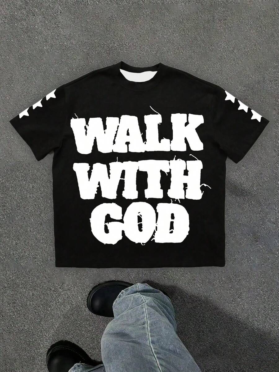 Manfinity EMRG Men's Loose Street Style Letter And Star Print Patch T-Shirt | SHEIN USA