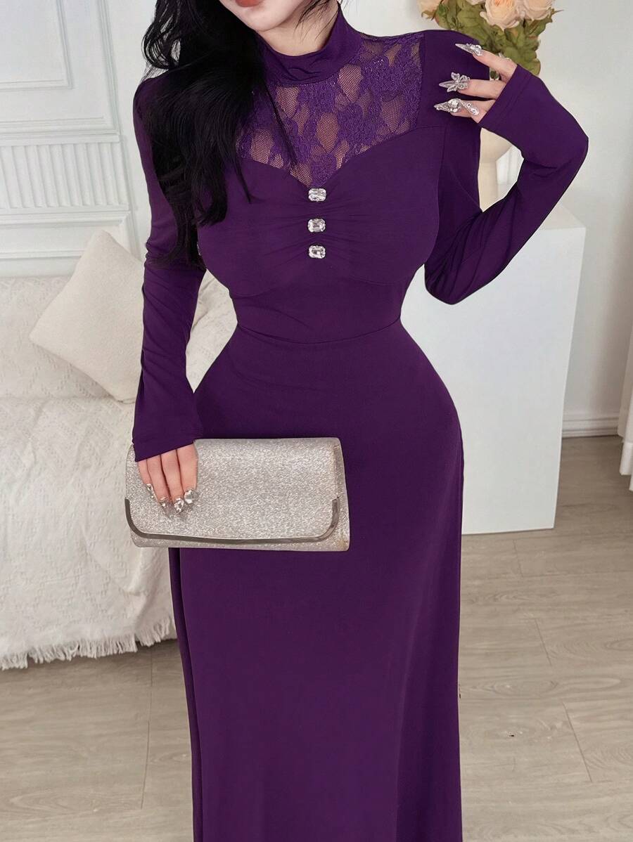 Modelyn Women's Lace Patchwork Stand Collar Long Sleeve Slim Fit Dress | SHEIN USA