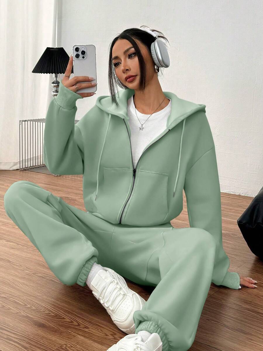 INAWLY 2pcs Women Solid Hooded Drawstring Sweatshirt And Pants Set ...