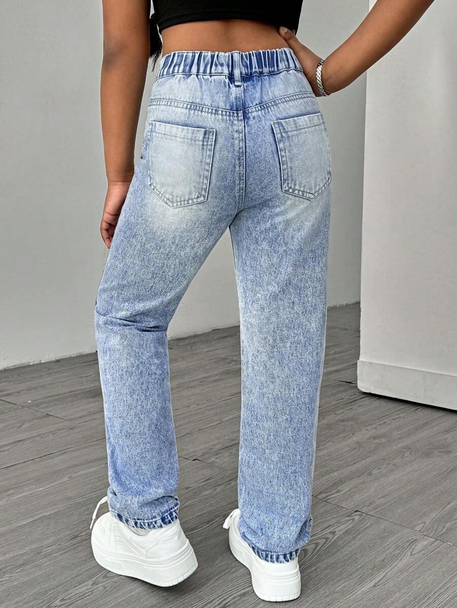 TWEEN GIRLS Distressed Stonewashed Blue & White Denim Straight Leg ...
