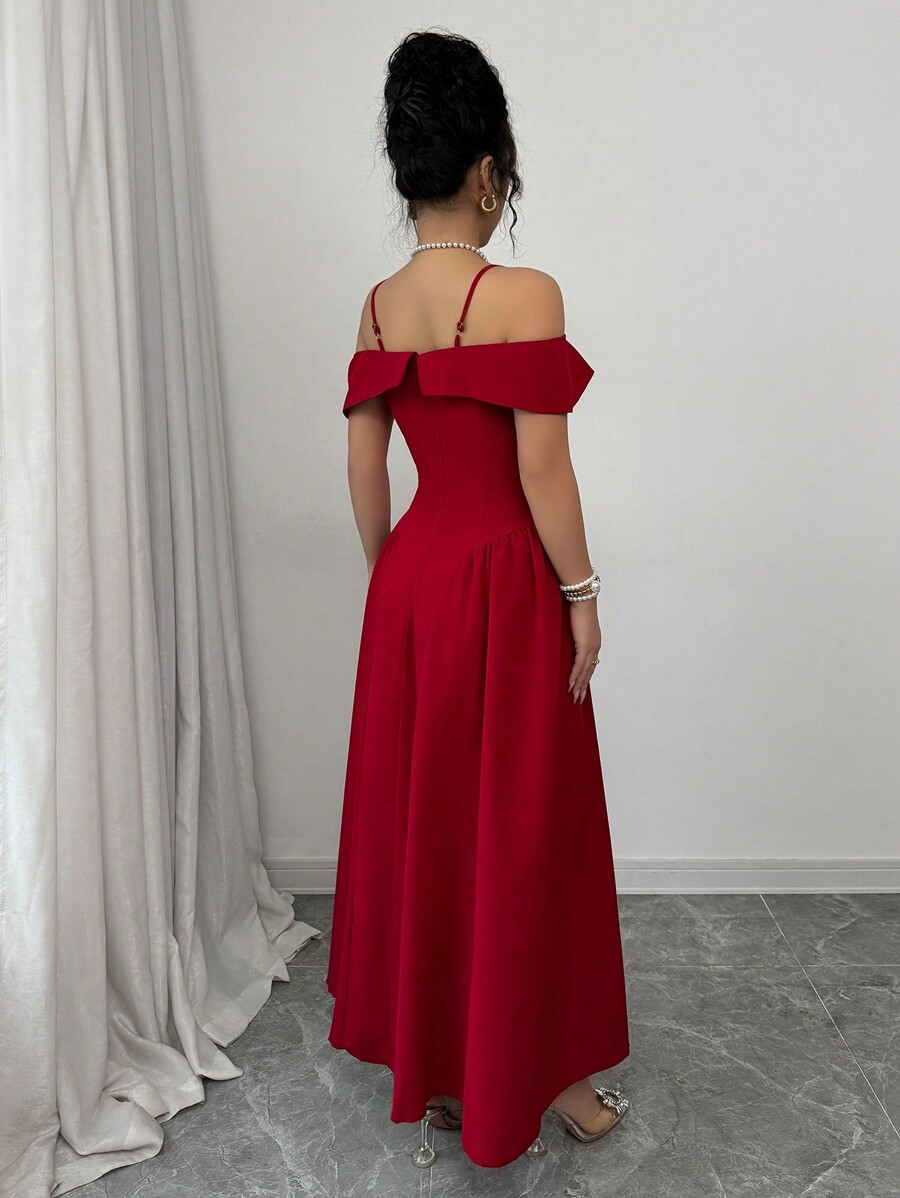 Shein Modely Damen Elegantes Rot Gewobenes Off Shoulder A Linien Kleid