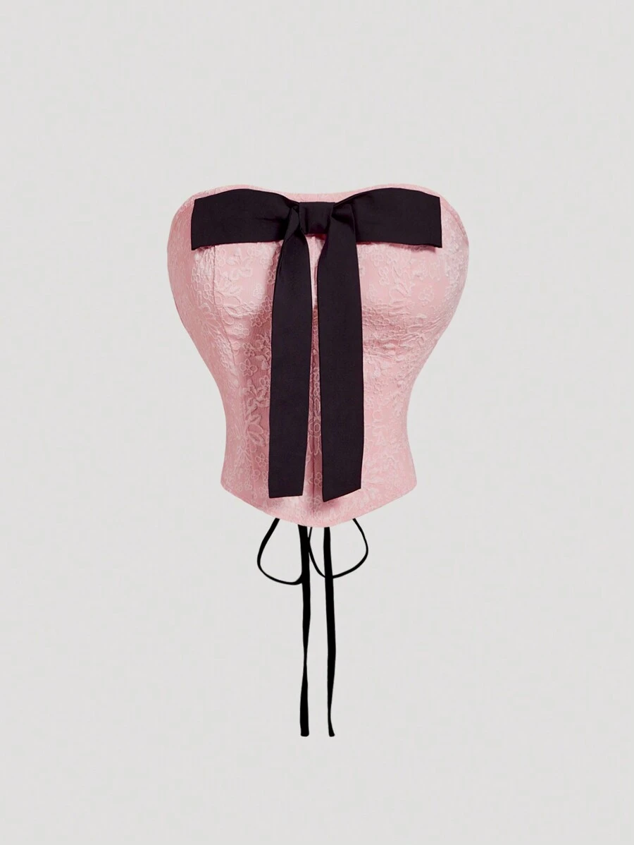SHEIN MOD Cute Pink Top With Bow Decoration On The Front Of Tube Top ...