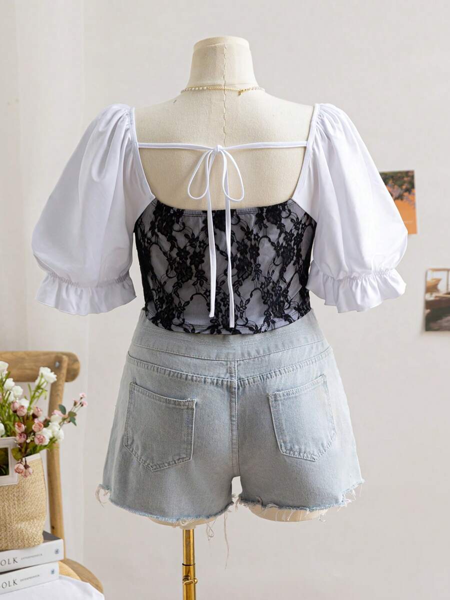 SHEIN WYWH Camicetta da donna taglie forti, nera, con dettagli in pizzo, in stile vintage ...