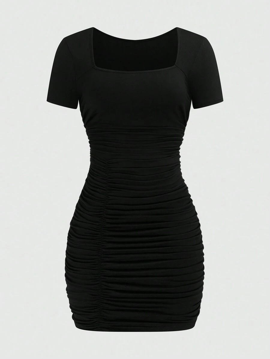 Sweetra Square Neck Pleated Cinched Waist Slim Short Sexy Fashionable ...