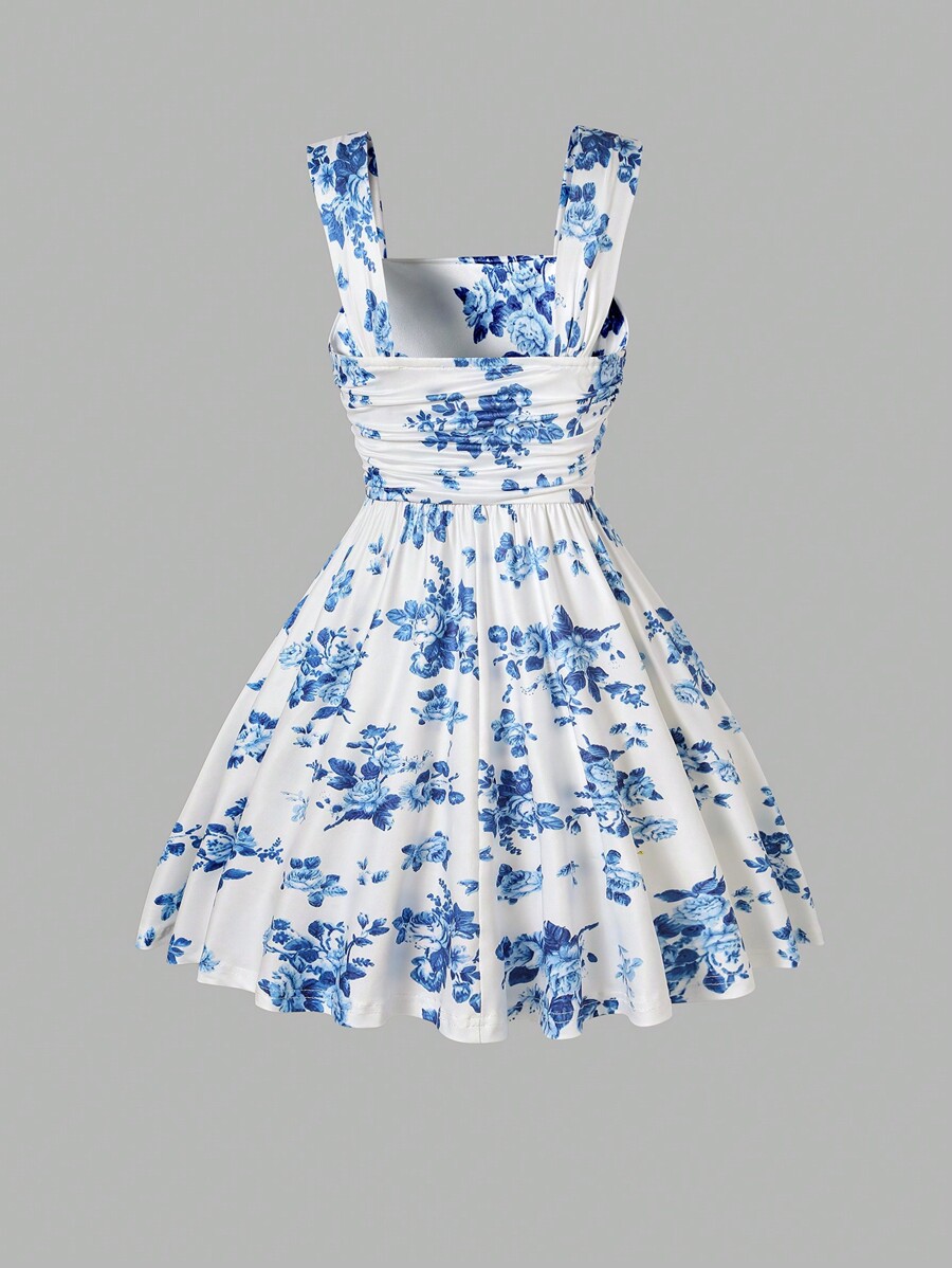 Tween Girls' Light Blue Chinoiserie Floral Print Ruched Sweet Dress for ...