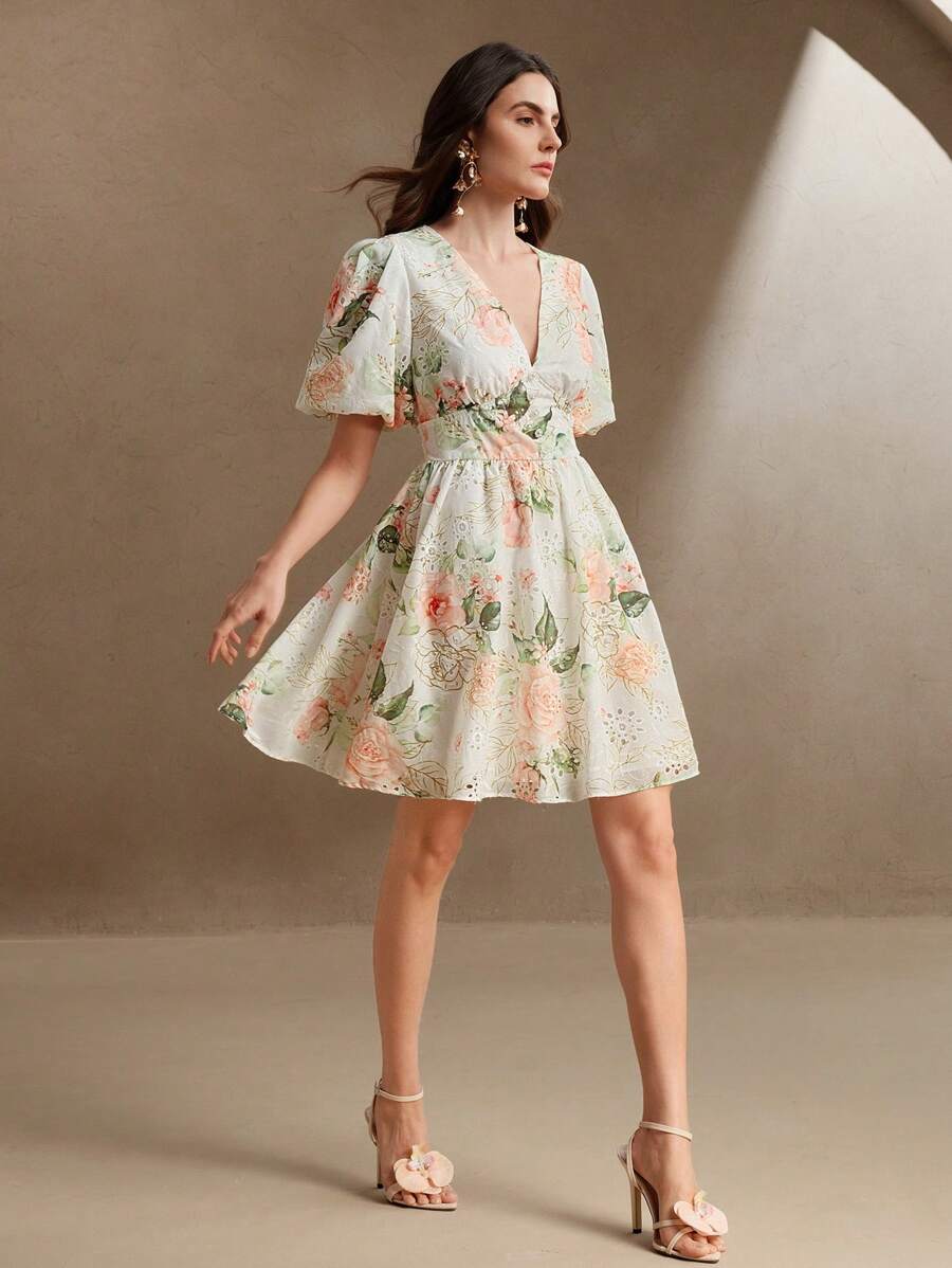 Anewsta Women's Elegant Embroidered Rose Floral V-Neck Dress, Boho, Beach Vacation, Spring ...