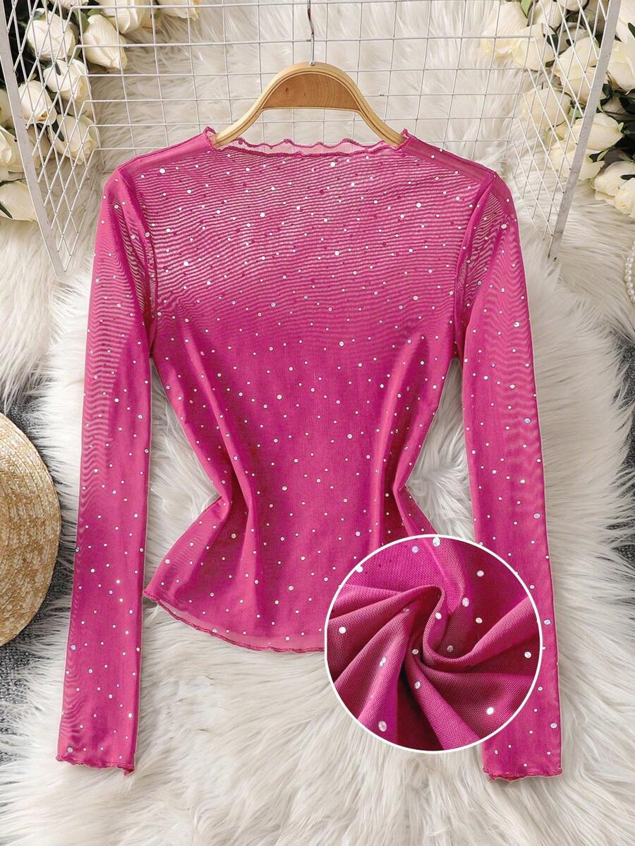 SHEIN Clasi Women's Pink Rhinestone Sparkle Top: Sheer Mesh Long Sleeve ...