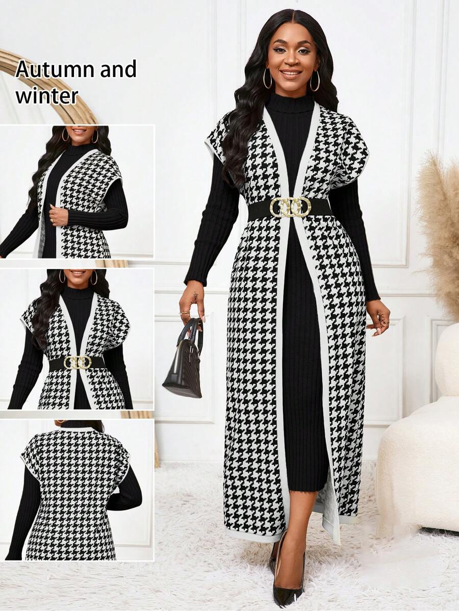 SHEIN Lady Women Contrast Color Block Houndstooth Patchwork Cardigan Vest, Versatile Spring ...