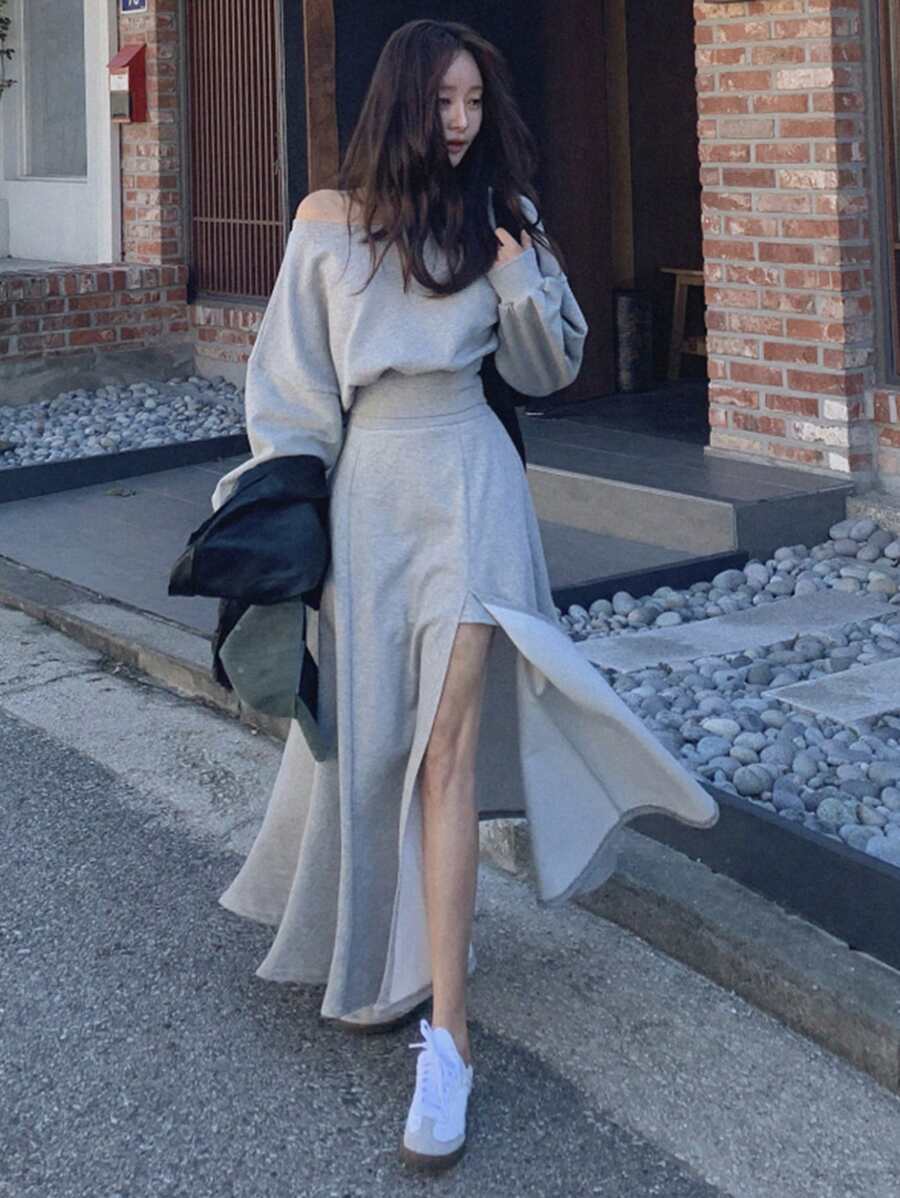 DAZY Jupe fendue sur le côté pour femmes, grise unie pour toutes les ...