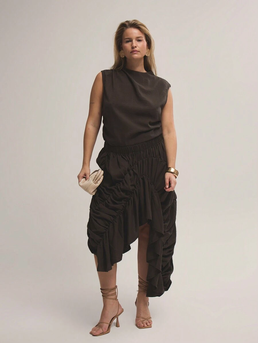 MUSERA Plus Size Woven Ruffle Front Asymmetric Hem Midi Skirt For Date ...