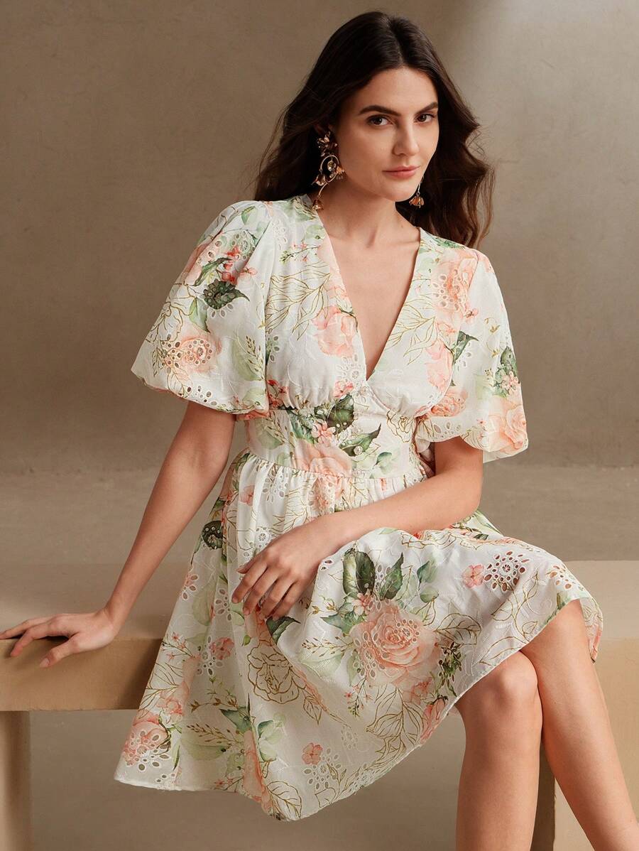 Anewsta Women's Elegant Embroidered Rose Floral V-Neck Dress, Boho, Beach Vacation, Spring ...