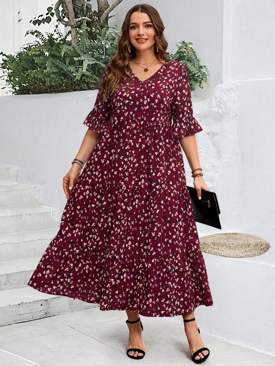 EMERY ROSE Plus Size Women's Long Burgundy Printed Boho Dress, Early ...