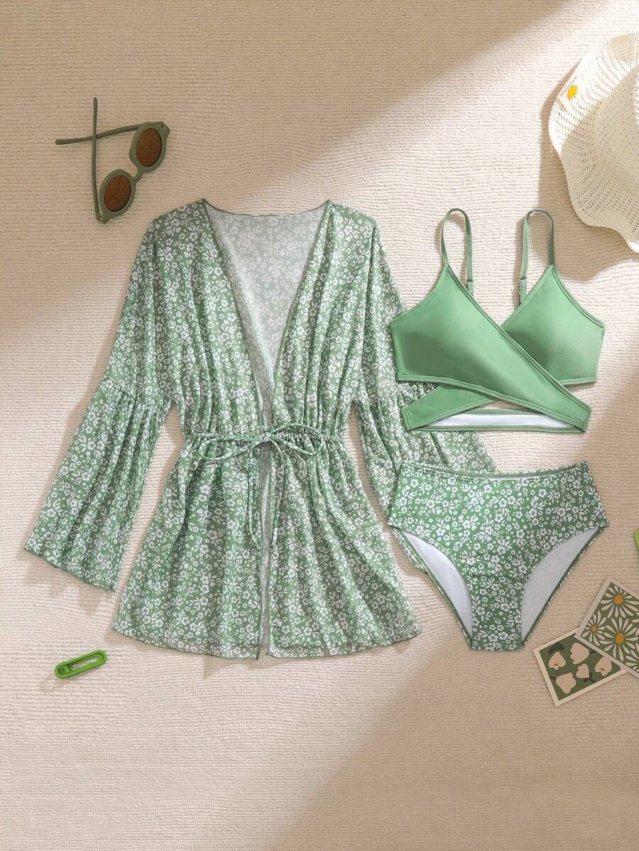 SHEIN Tween Girls' 3-Piece Set: Solid Color Bra Top, Ditsy Floral ...