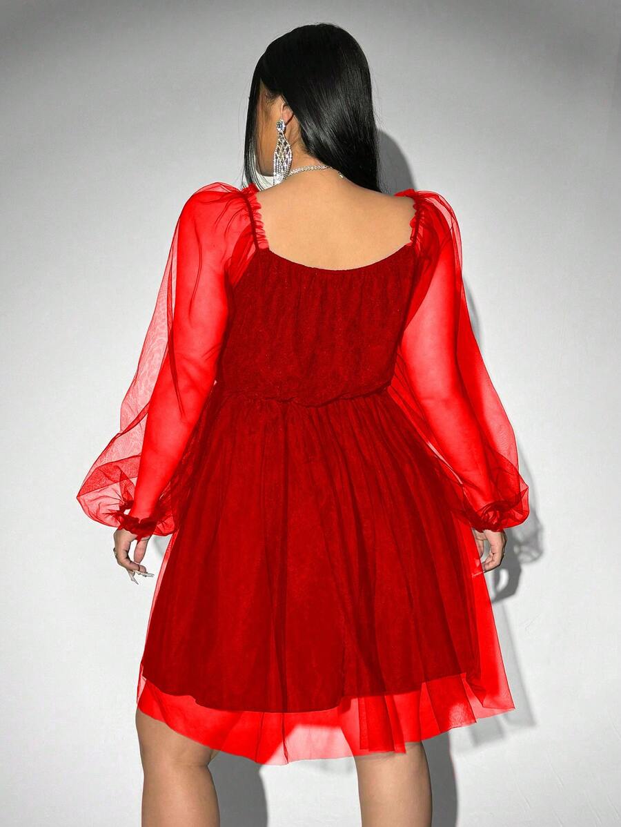 SHEIN BAE Plus Size Valentine's Day Net Contrast Lace Square Neck ...