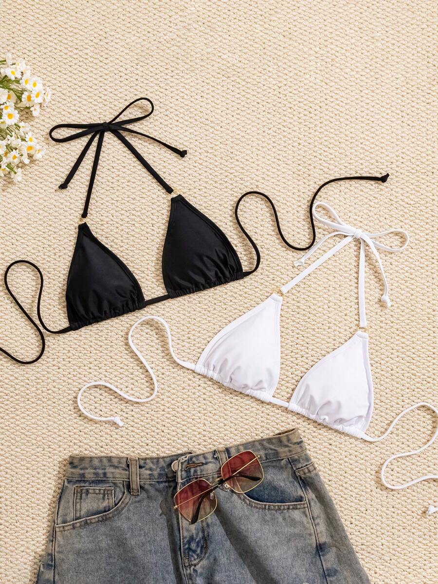 SHEIN Swim 2pcs/Set Halter Black & White Summer Beach Vacation Resort ...