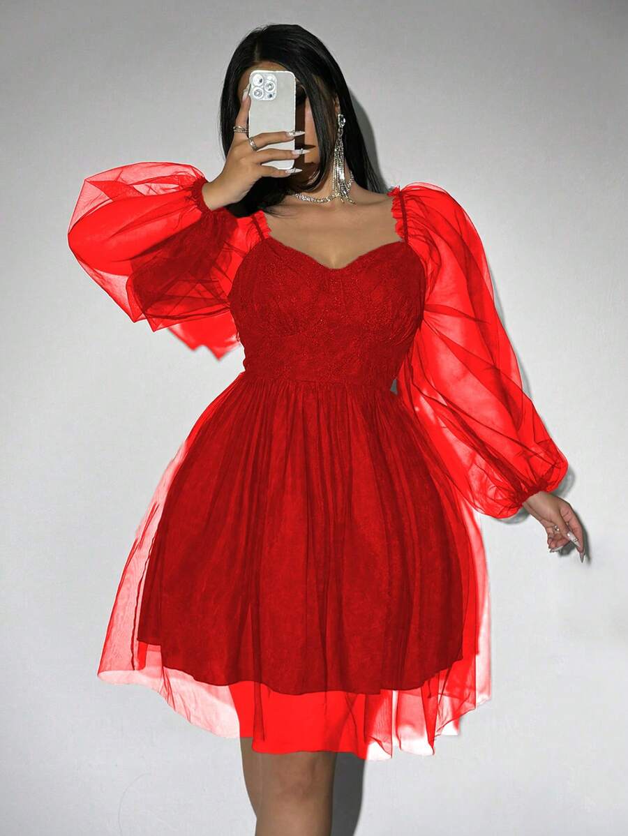 SHEIN BAE Plus Size Valentine's Day Net Contrast Lace Square Neck ...
