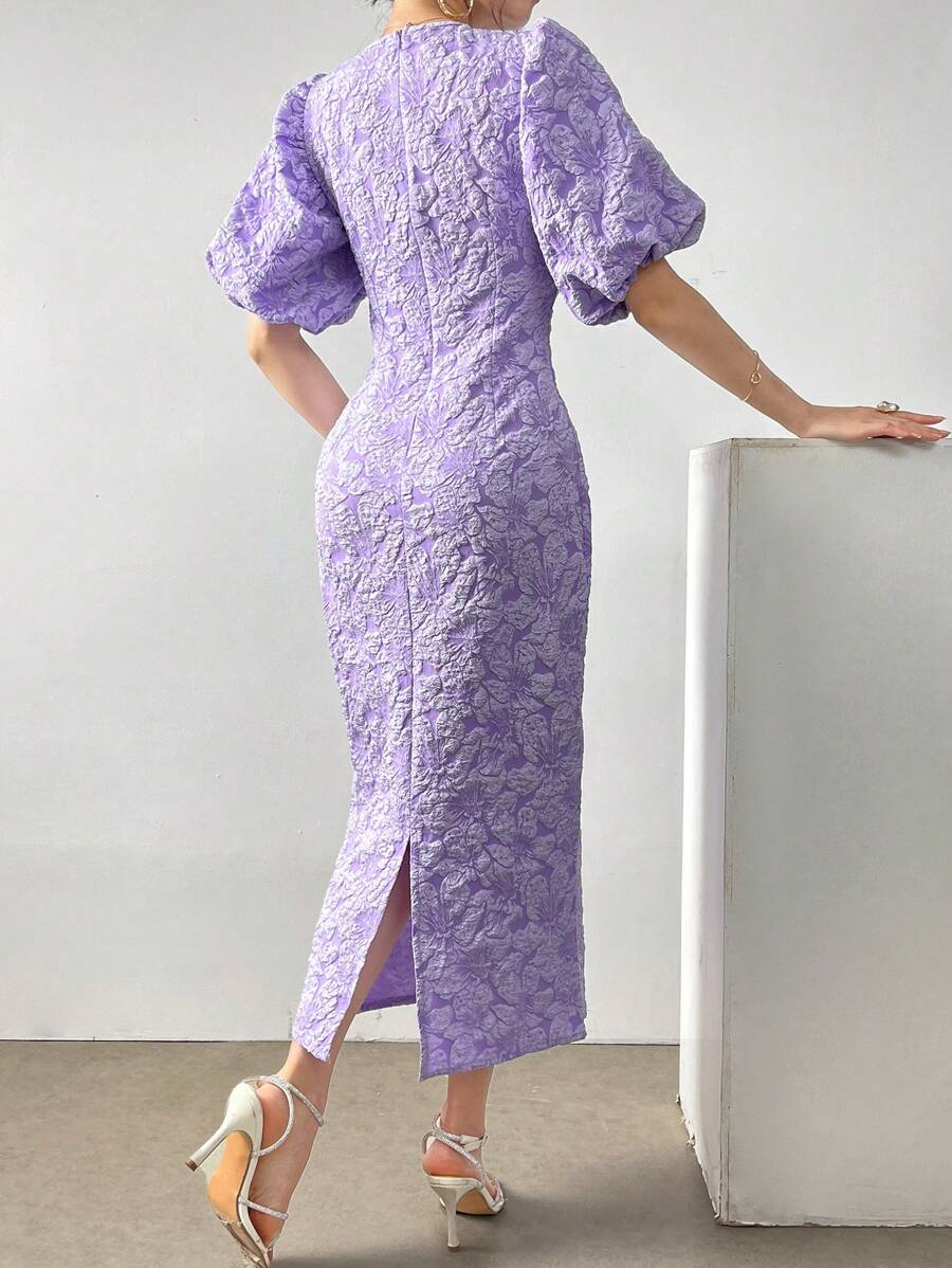 SHEIN Modely Women Lantern Sleeve Solid Color Simple And Elegant Dress ...