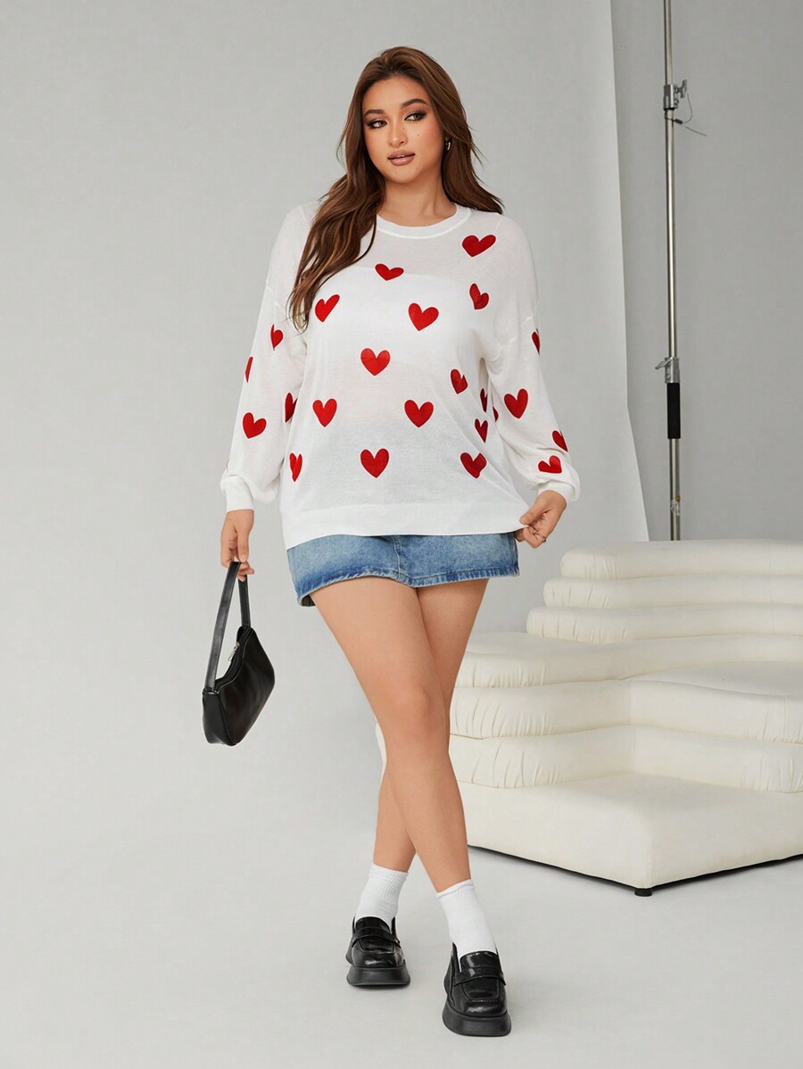 SHEIN EZwear Plus Size Heart Pattern See-Through Knit Sweater For ...