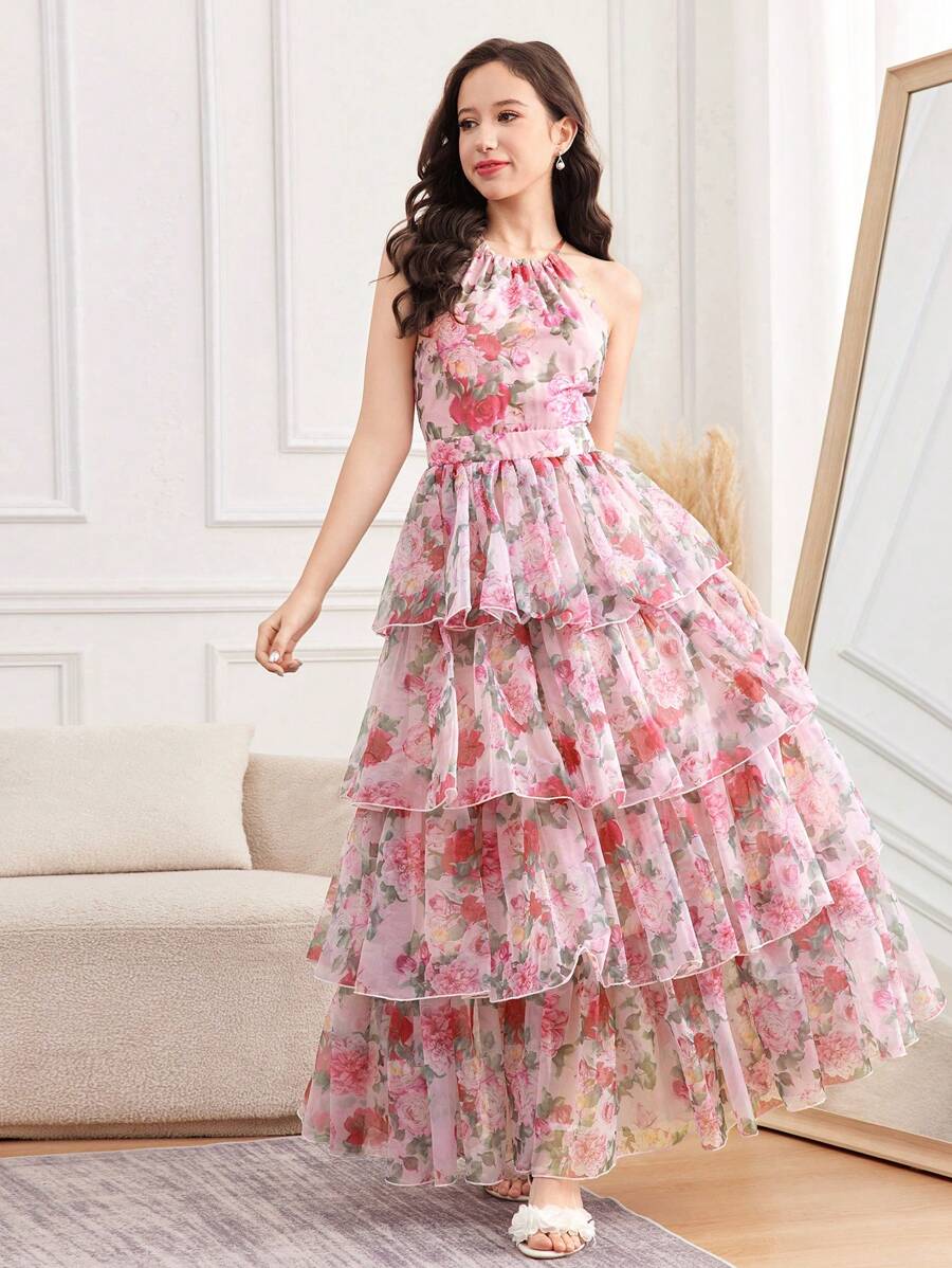 SHEIN Robe fleurie à col ras-du-cou avec volant à l'ourlet, pour ...