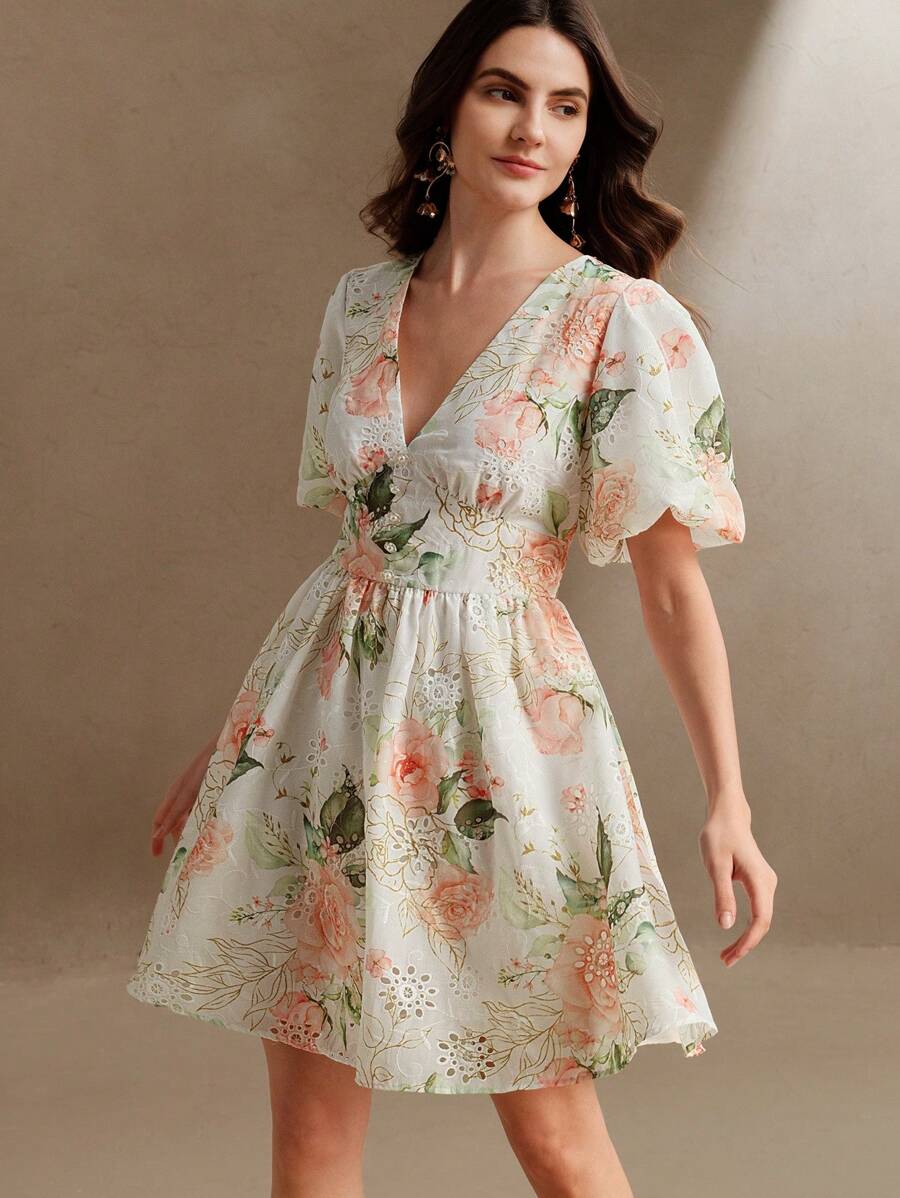 Anewsta Women's Elegant Embroidered Rose Floral V-Neck Dress, Boho, Beach Vacation, Spring ...