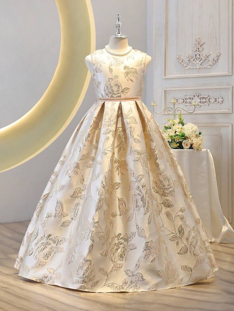 Tween Girl Sleeveless Jacquard Flared Hem Ruffled A-Line Dress ...