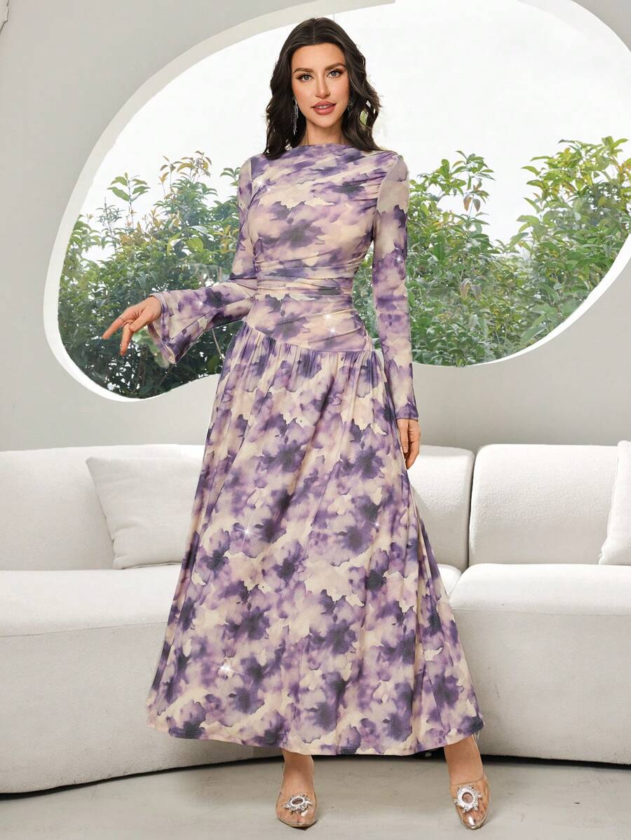 Modelyn Women's Batik Printing Round Neck Long Sleeve Pleated Ruffle Hem Elegant Dress | SHEIN USA