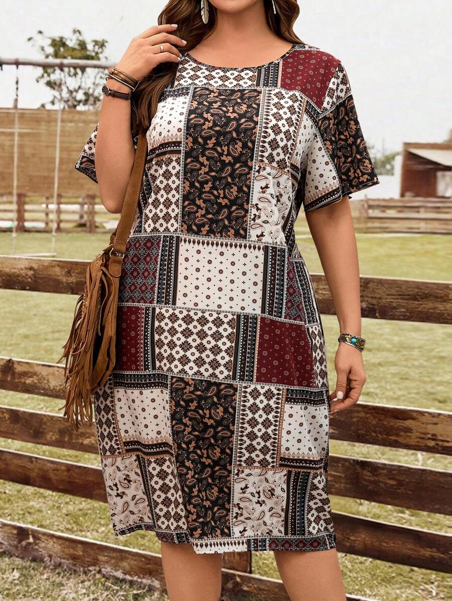 EMERY ROSE Plus Size Holiday Vintage Country Patchwork Print Loose ...