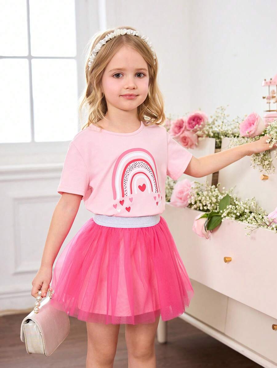 SHEIN Young Girl Cartoon Print Top And Mesh Mini Skirt Set, Summer ...