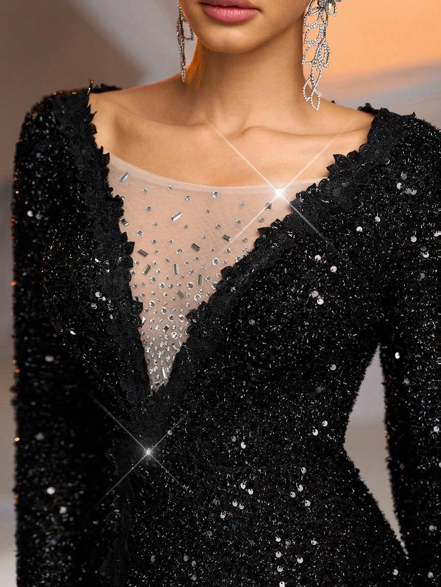 Glamrae Elegant Black Gorgeous Whole Sequin Long-Sleeved Sexy Mesh Deep V Luxury Colorful Three ...