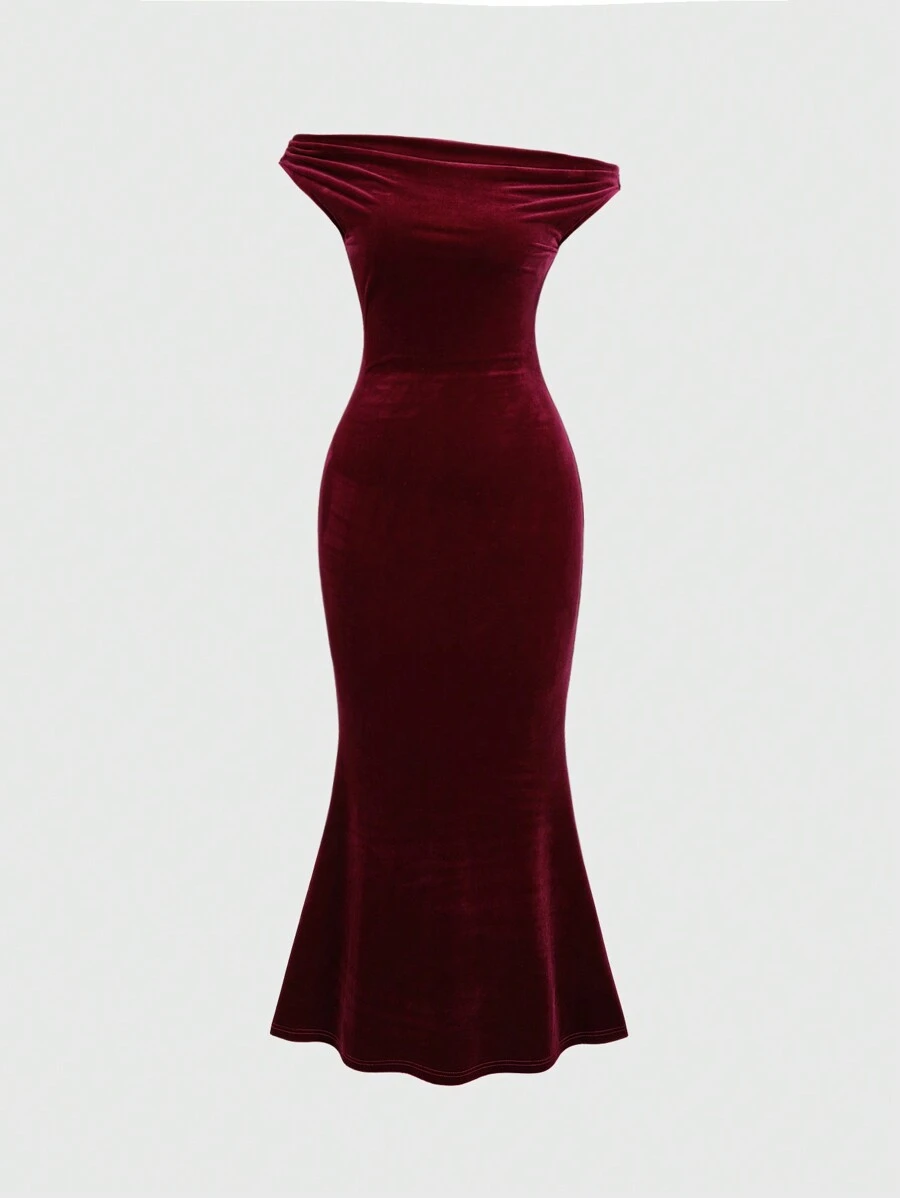 Sweetra French Vintage Purple Velvet High-End Twist Off Shoulder Fitted ...