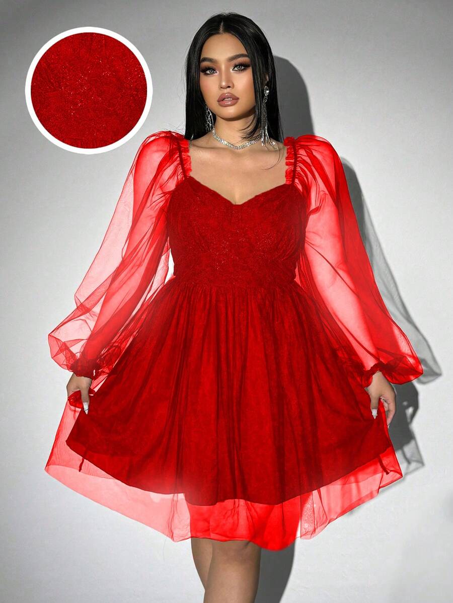 SHEIN BAE Plus Size Valentine's Day Net Contrast Lace Square Neck ...