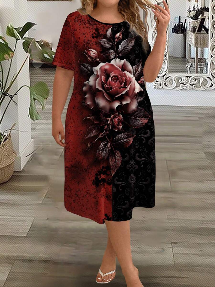 EMERY ROSE Plus Size Round Neck Short Sleeve Floral Print Casual Loose Dress,Valentine Day ...
