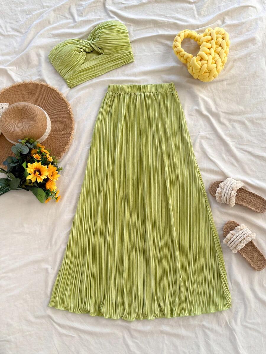 Soleia 2pcs/Set Green Pleated Tube Top & Long Skirt Beach Holiday Set ...