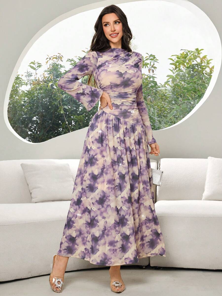 Modelyn Women's Batik Printing Round Neck Long Sleeve Pleated Ruffle Hem Elegant Dress | SHEIN USA